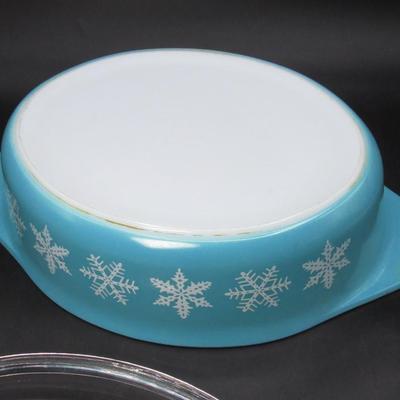 Vintage Pyrex Blue Snowflake Oval Casserole Dish Kitchenware with Glass ...