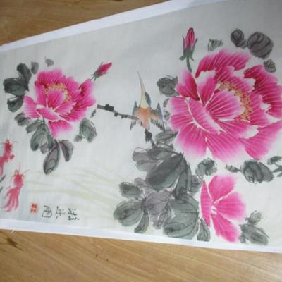 Chinese Painted Art On Rice Paper Approx 26" x 13 1/2" (14) - A ...