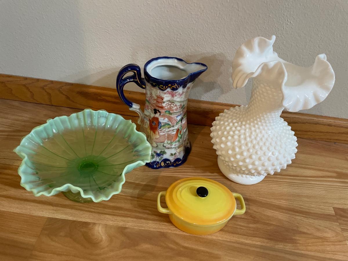 Green ruffle bowl, white ruffle vase, Asian pot and yellow crock ...