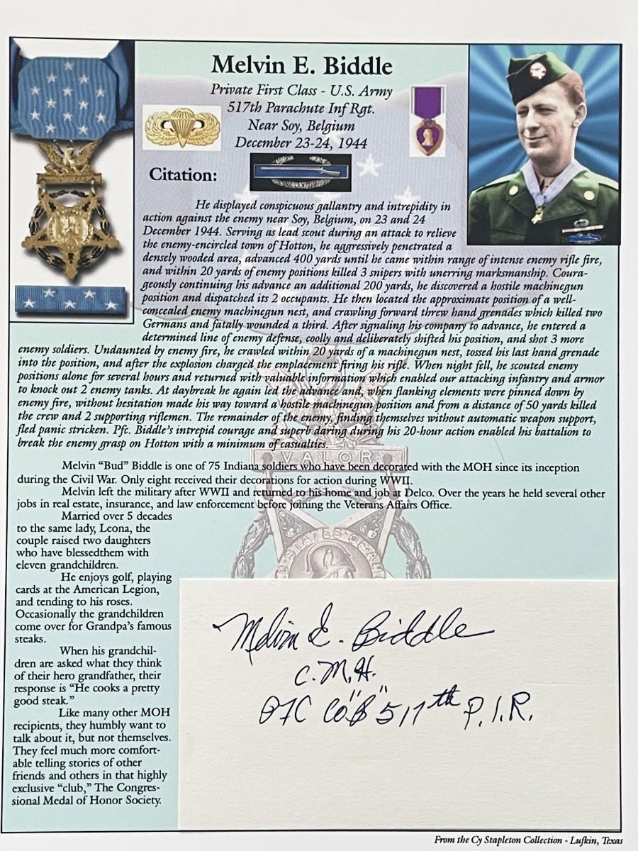 WWII Melvin E. Biddle signed Medal of Honor citation sheet ...