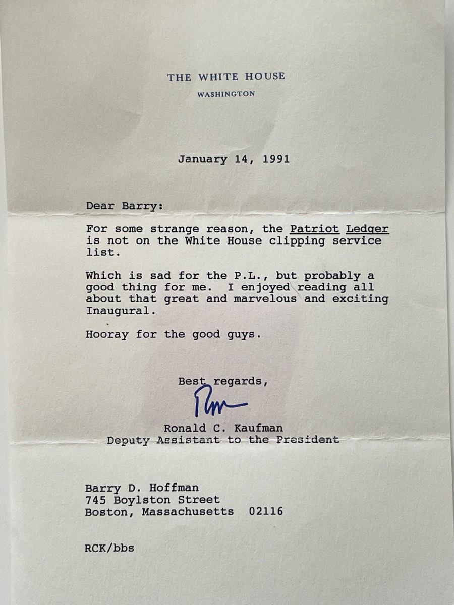 Assistant to President George H.W. Bush Ron Kaufman signed letter ...
