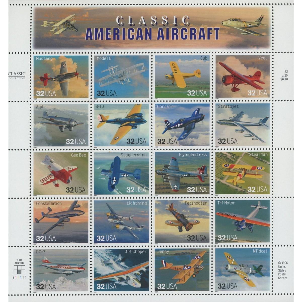 USPS 1997 Classic American Aircraft - Sheet of Twenty Stamps ...