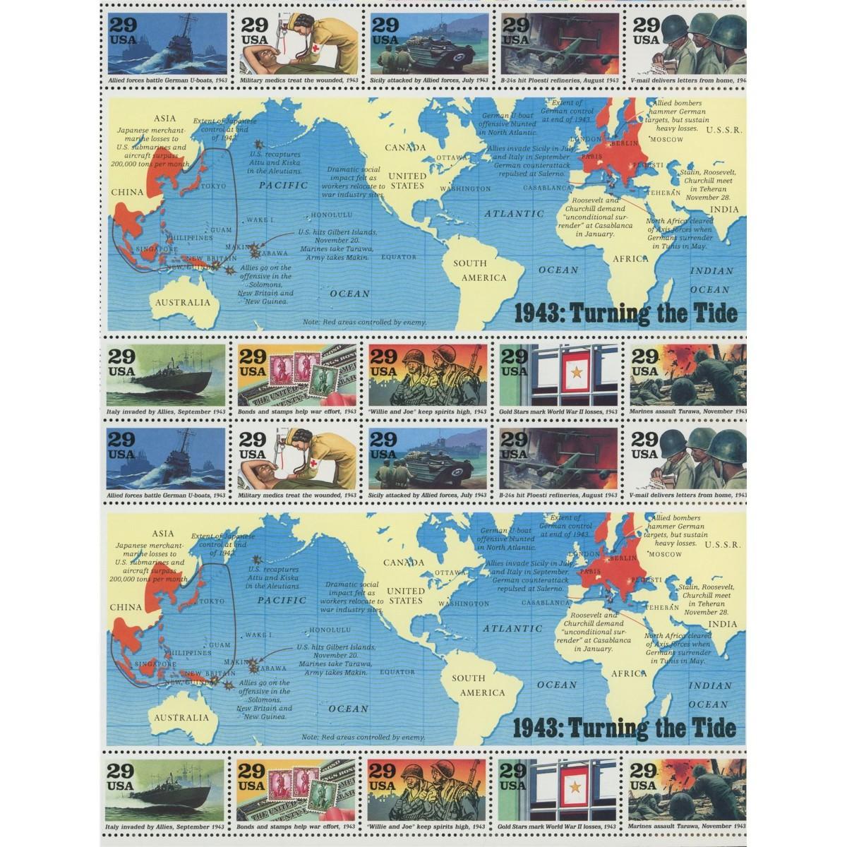 USPS 1993 WW II 1943 Turning The Tide - 20 Stamp Sheet | EstateSales.org