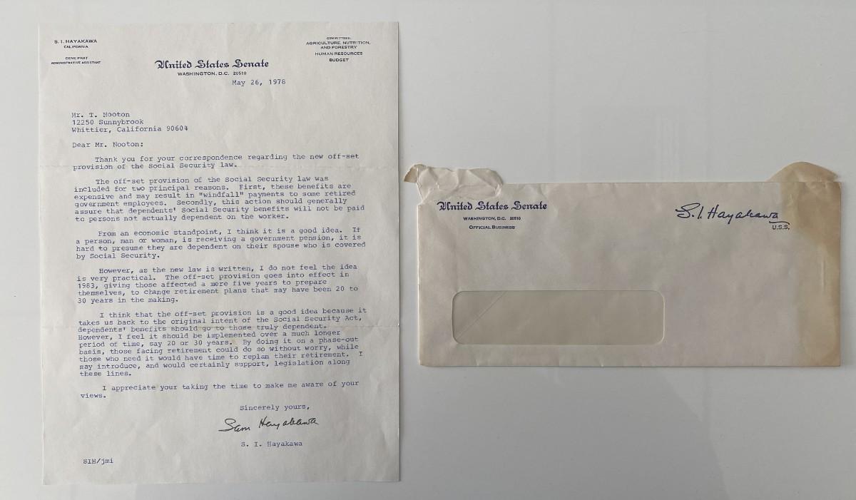 US Senator S. I. Hayakawa signed policy letter | EstateSales.org