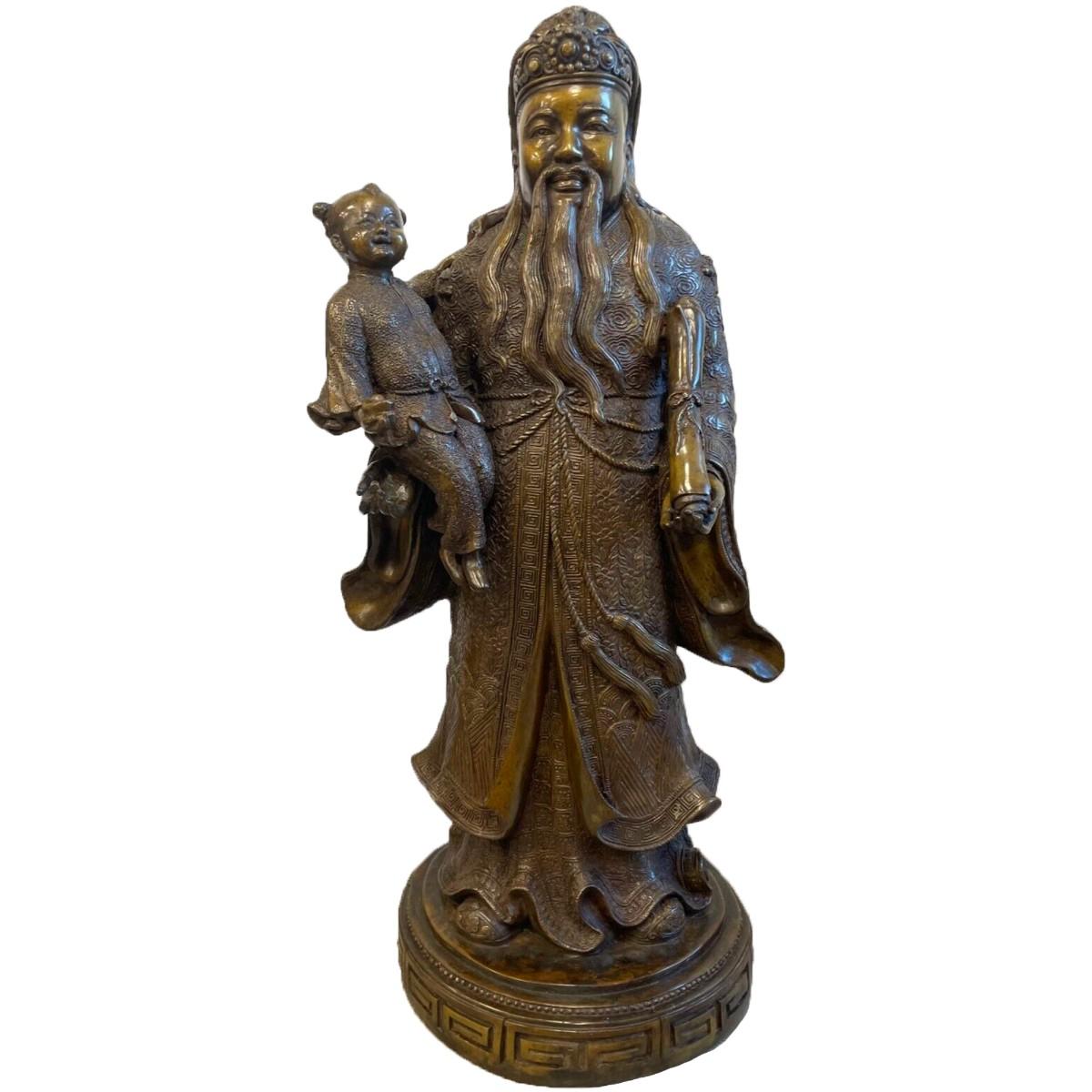 Chinese Bronze Statue depicting Philosopher with child & scroll/ HEAVY ...