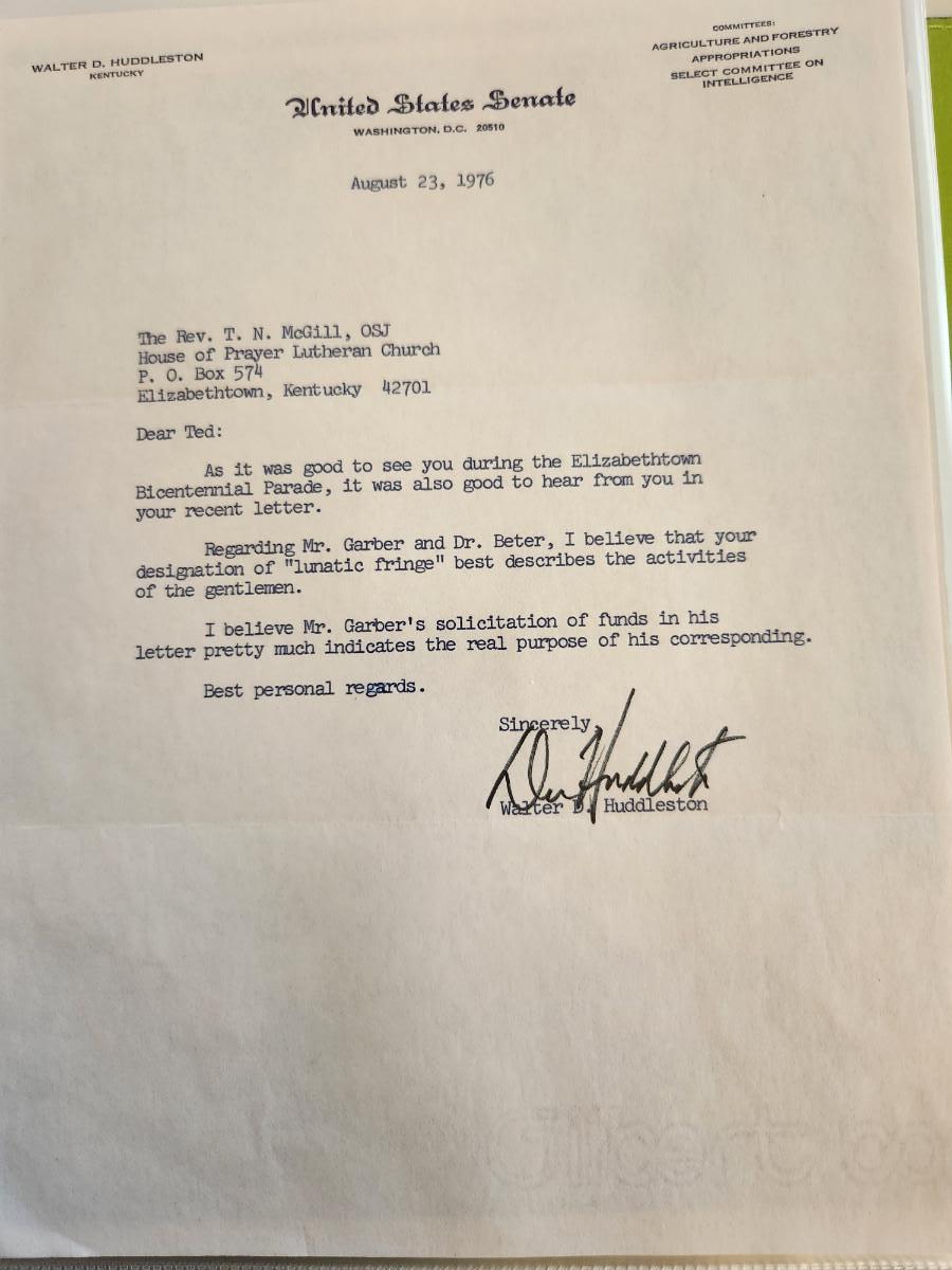 Letter of Kentucky Senator Walter D. Huddleston | EstateSales.org