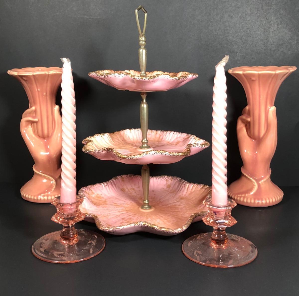 LOT 44L: Pretty in Pink - 1940s-50s Art Deco USA Pottery Hand Vases, Vintage 3-tier California ...