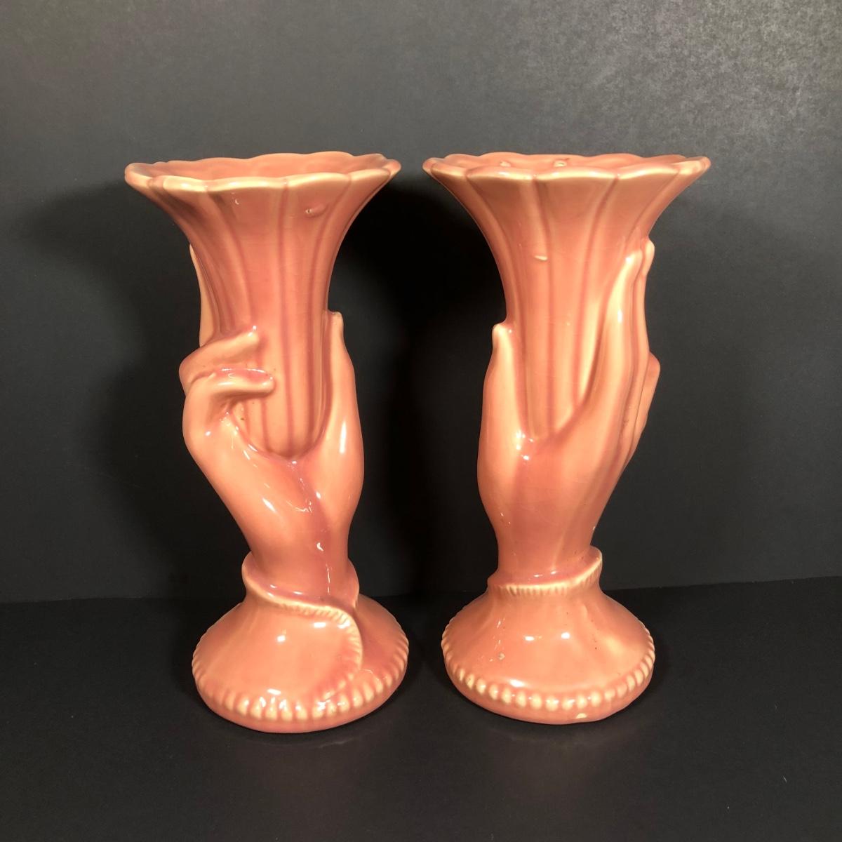 LOT 44L: Pretty in Pink - 1940s-50s Art Deco USA Pottery Hand Vases, Vintage 3-tier California ...
