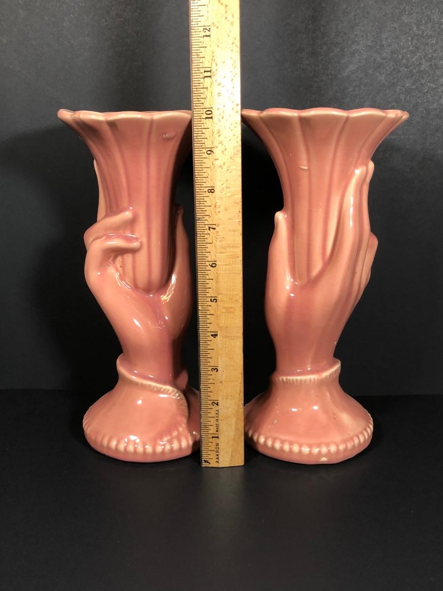 LOT 44L: Pretty in Pink - 1940s-50s Art Deco USA Pottery Hand Vases, Vintage 3-tier California ...