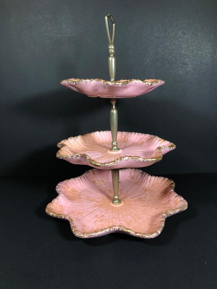 LOT 44L: Pretty in Pink - 1940s-50s Art Deco USA Pottery Hand Vases, Vintage 3-tier California ...