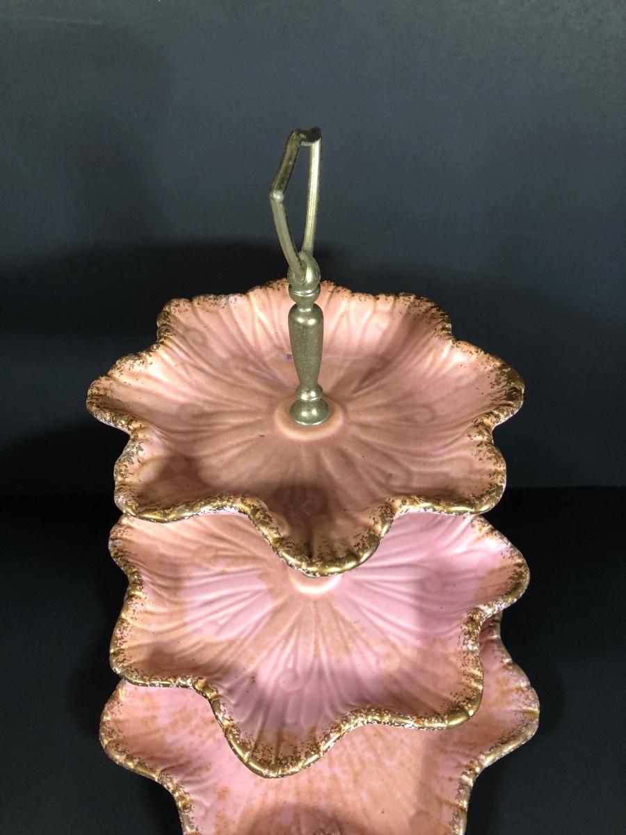 LOT 44L: Pretty in Pink - 1940s-50s Art Deco USA Pottery Hand Vases, Vintage 3-tier California ...