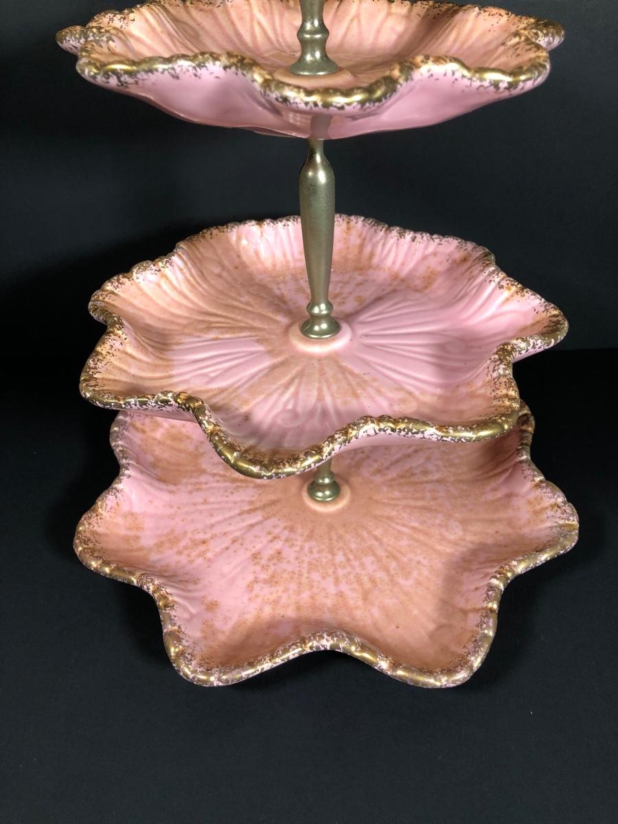 LOT 44L: Pretty in Pink - 1940s-50s Art Deco USA Pottery Hand Vases, Vintage 3-tier California ...