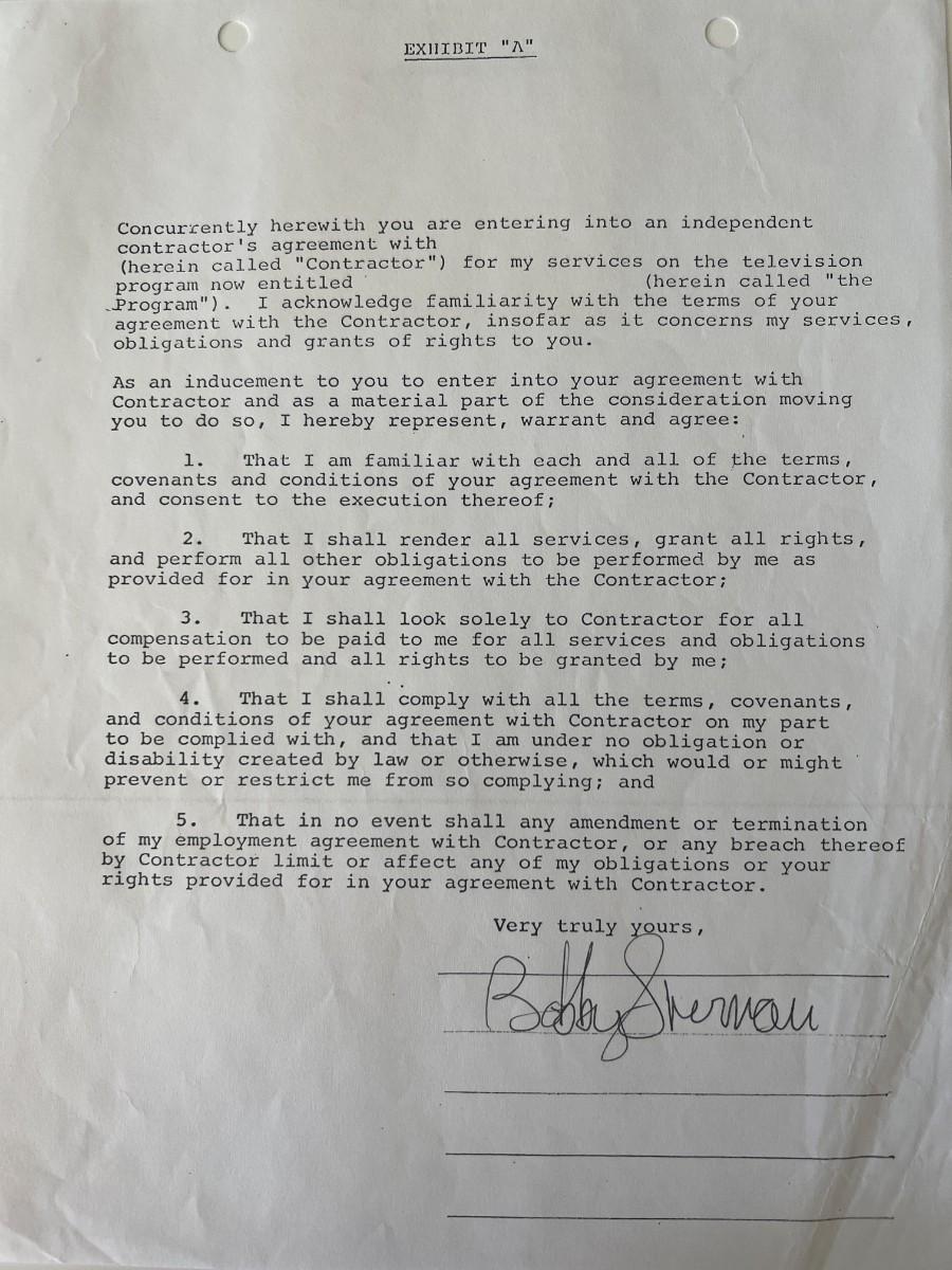 Bobby Sherman signed contract | EstateSales.org