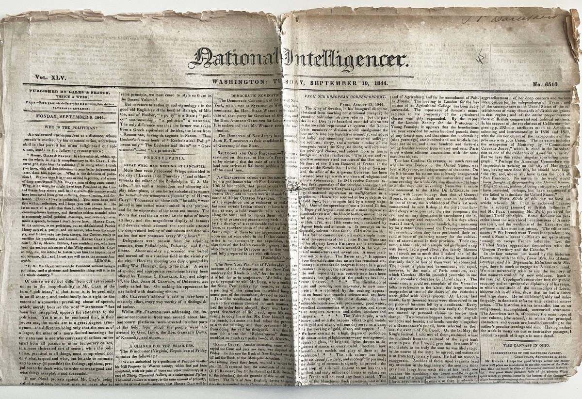 1844 Original Vintage National Intelligencer Newspaper - Washington ...