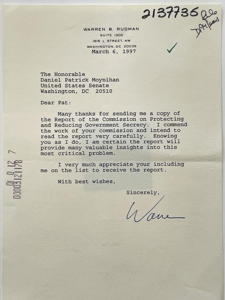 Former United States Senator Warren B. Rudman signed letter ...