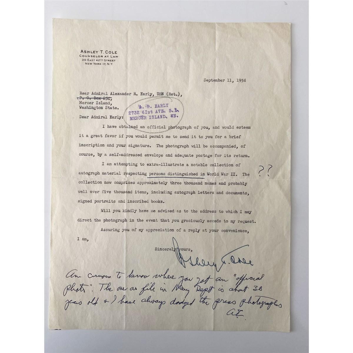 U.S. Navy Rear Admiral Alexander Early signed letter | EstateSales.org