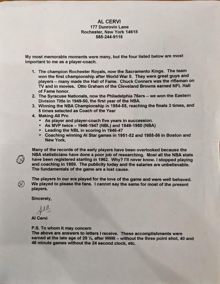Al Cervi Signed Letter | EstateSales.org