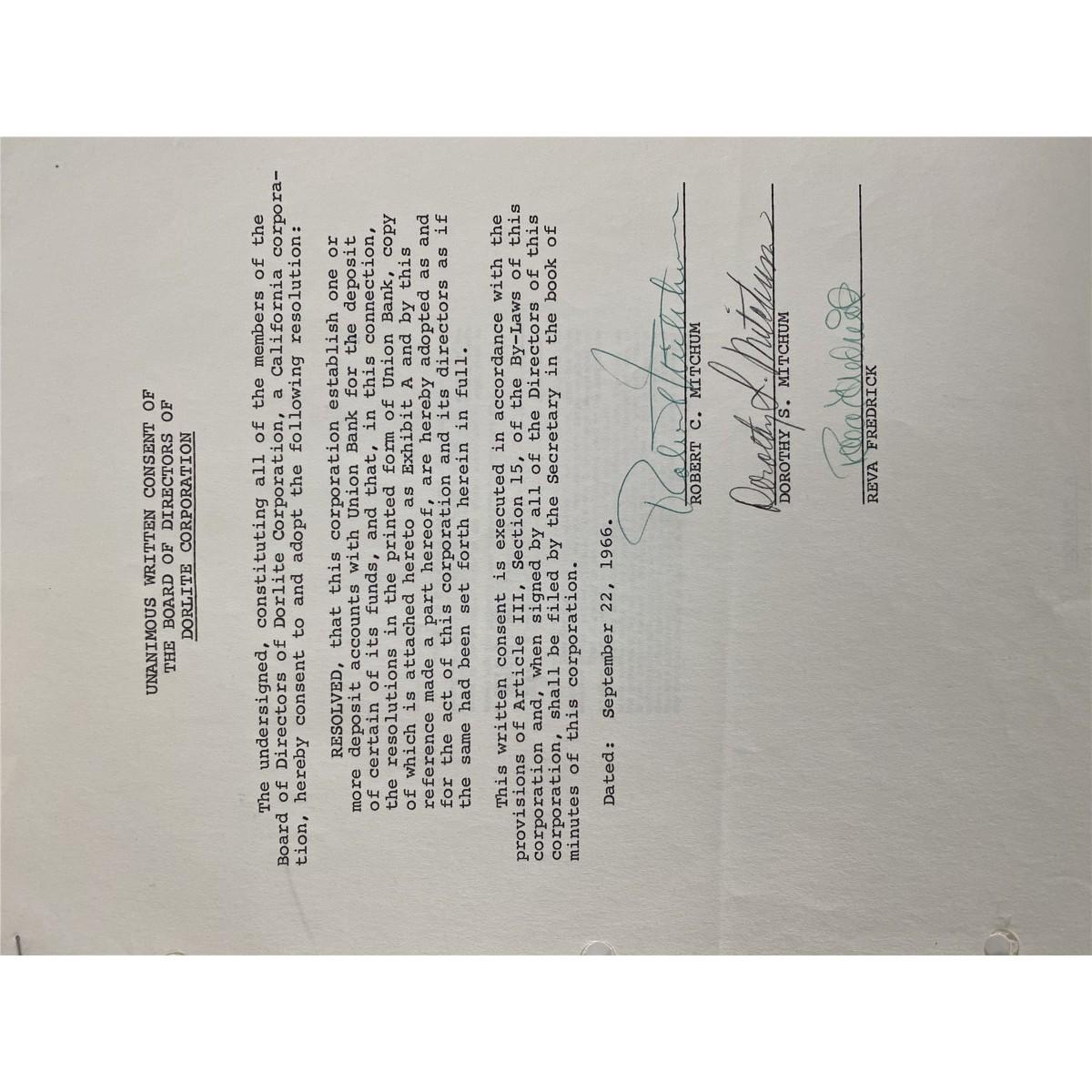 Robert Mitchum signed Dorlite Corporation Document | EstateSales.org