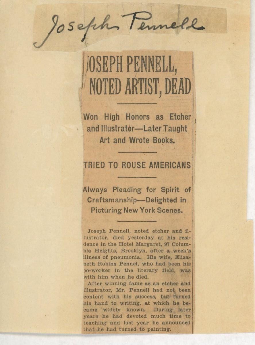 Rare Joseph Pennell original signature and newspaper clipping ...