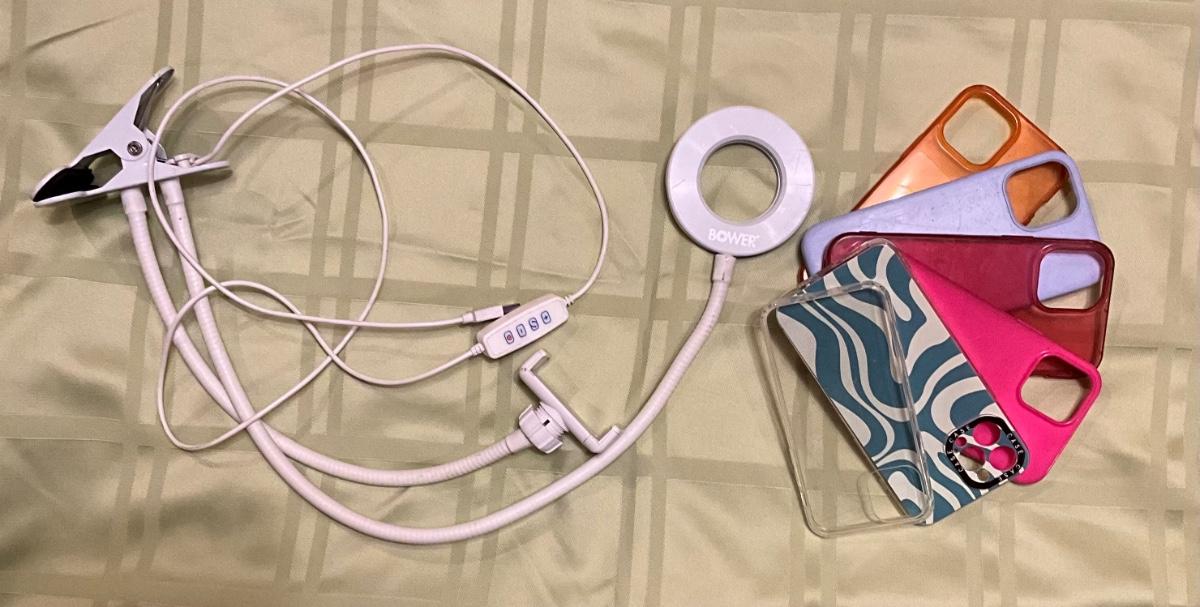 Bower desk clip ring LED light, phone covers | EstateSales.org