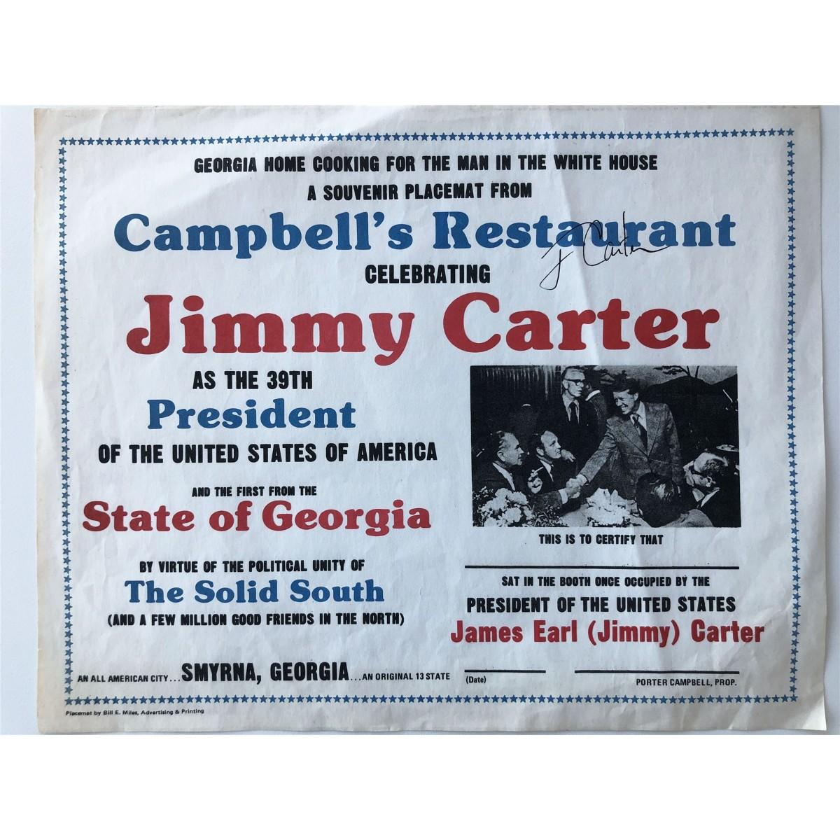 Jimmy Carter signed souvenir placemat. GFA Authenticated | EstateSales.org