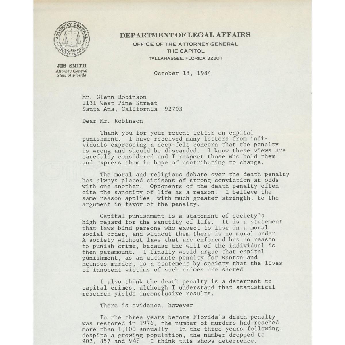 Jim Smith Florida Attorney General signed letter | EstateSales.org