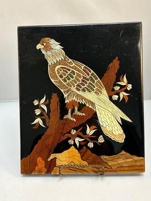 Vintage Lacquered Inlaid Wood Mother of Pearl Mosaic Eagle Hawk Bird ...