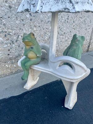 Pair of Frogs Sitting on a Bench Under Umbrella Concrete Garden Yard ...